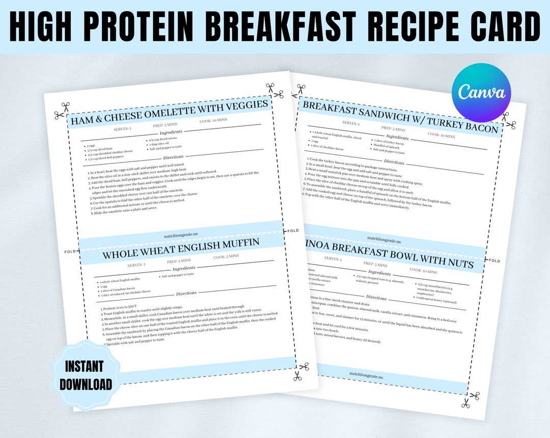High Protein Breakfast Recipe Cards: Printable Fill-in Template ...