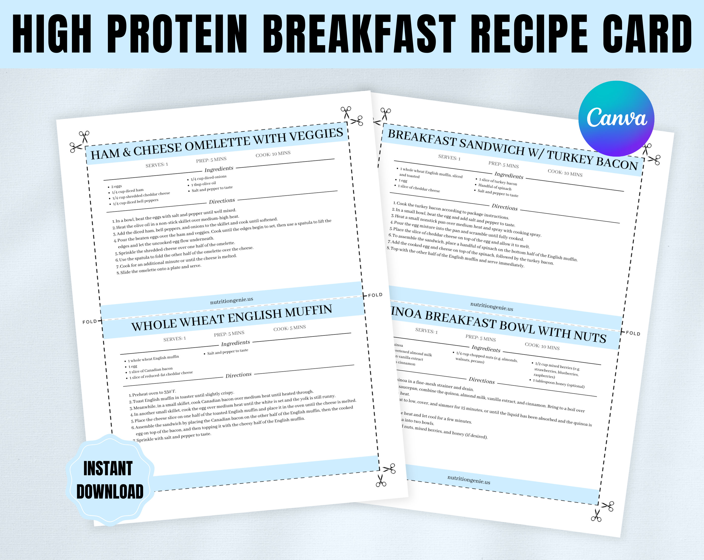 High Protein Breakfast Recipe Cards: Printable Fill-in Template ...