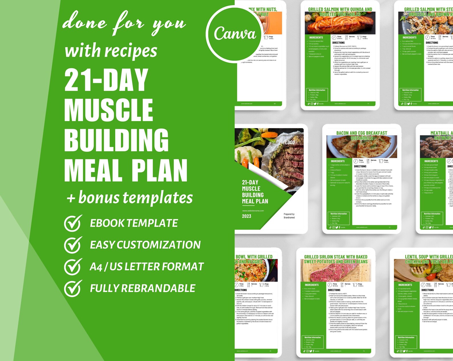 21-day Muscle Building Meal Plan Template: Recipe Cookbook (canva Ebook ...
