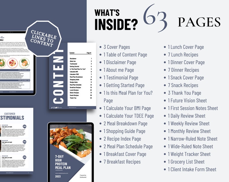 7-day High Protein Meal Plan Template: Canva Cookbook, Nutrition Ebook ...