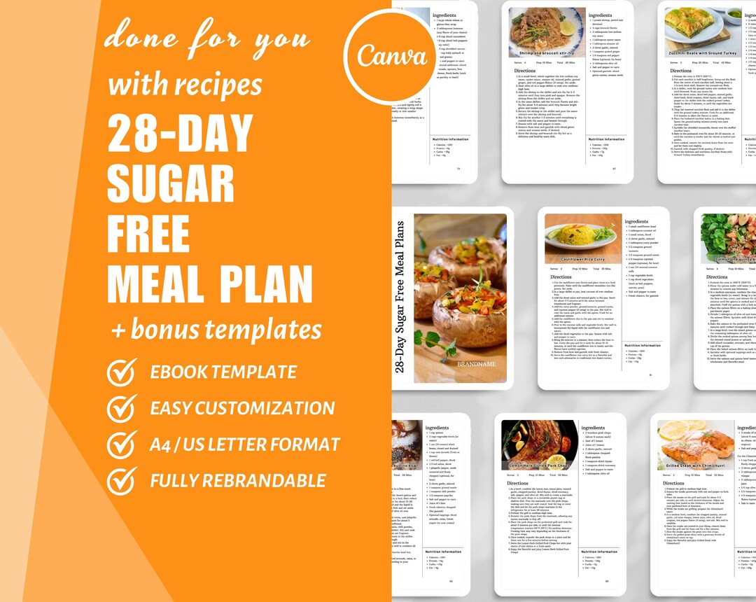 28-day Sugar-free Meal Plan Template: Recipe Cookbook (canva Ebook ...