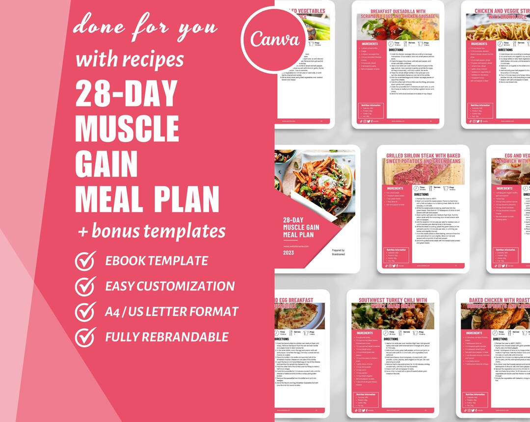 28-day Muscle Gain Meal Plan, Cookbook Recipe Template Canva, Ebook ...