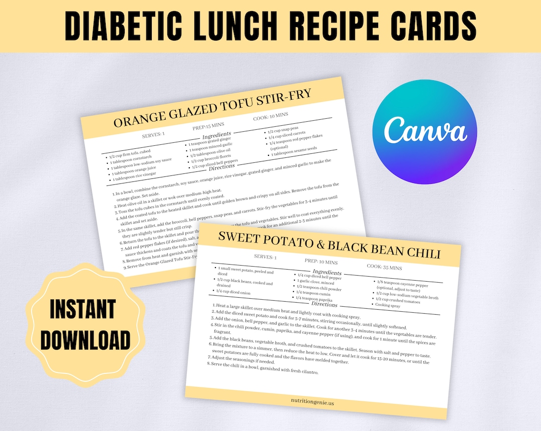 Diabetic Recipe Card Type 2 Diabetes Meals 8.5x11 Recipe Cards ...