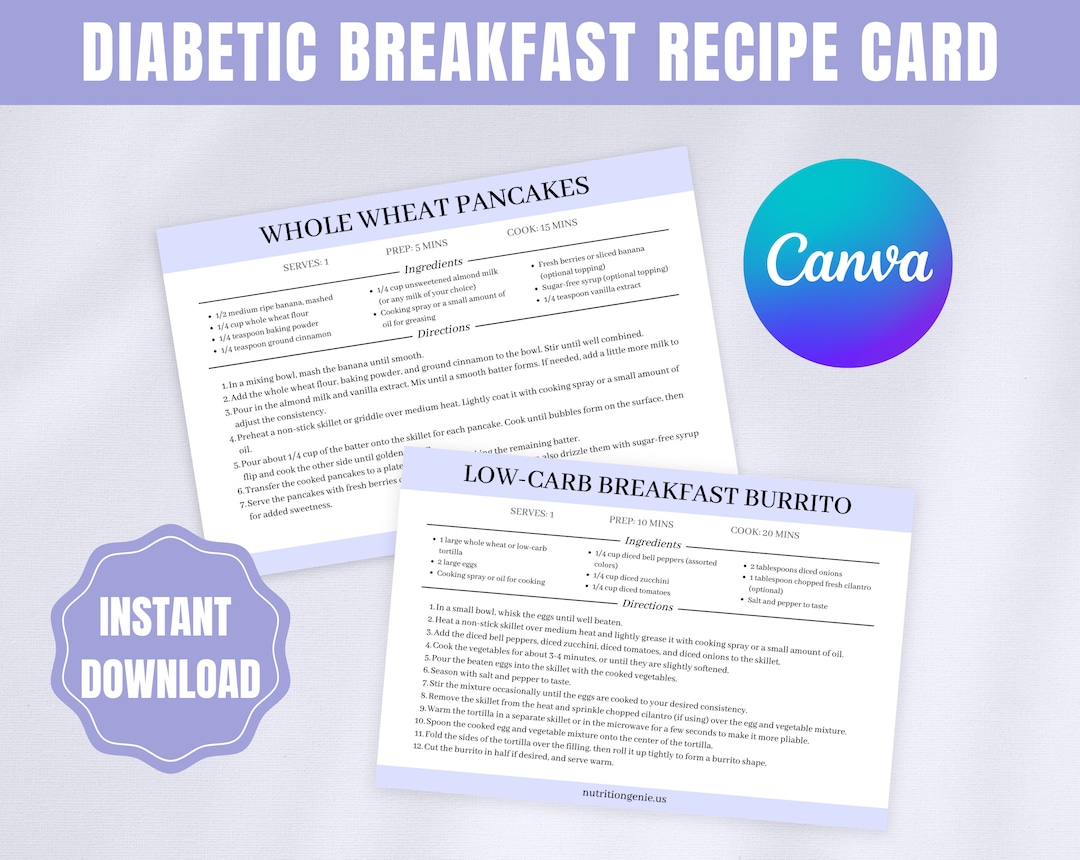 Diabetic Recipe Card Type 2 Diabetes Meals 8.5x11 Recipe Cards ...