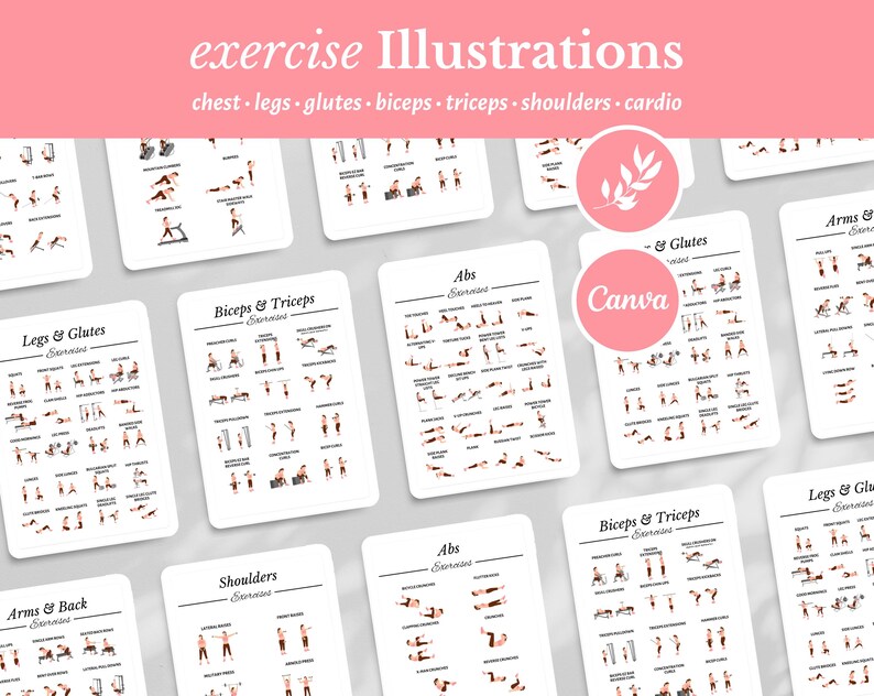 Exercise Illustrations Cheat Sheet: Gym & Home Workout (canva Template ...