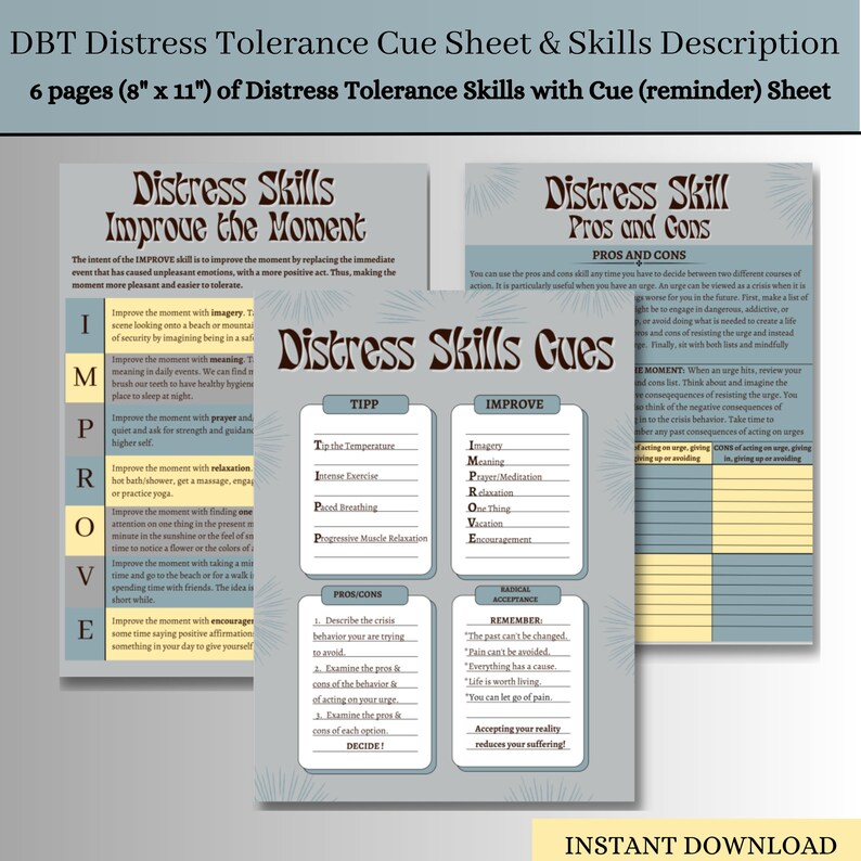 DBT 8 X 11 Counseling Distress Tolerance Skill Worksheet Bundle With ...