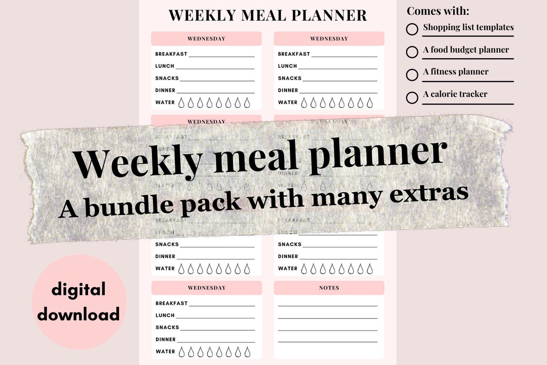 Weekly Meal Planner Printable, Digital Food Tracker, EXTRA BONUS ...