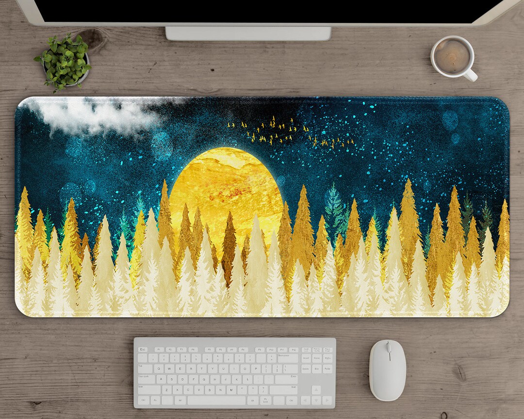 Abstract Golden Mountain Desk Mat, Sunset Gaming Mouse Pad Green Nature ...