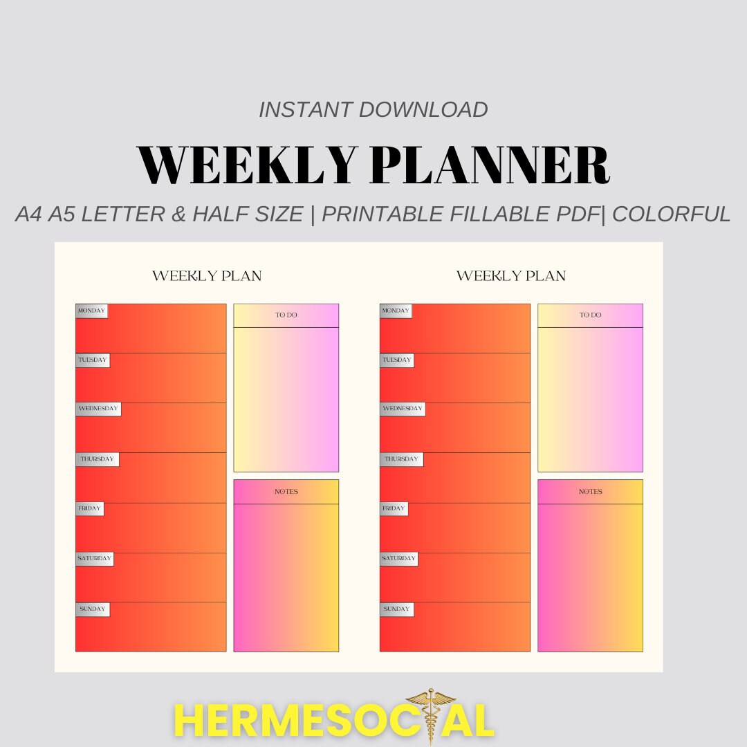 Weekly Planner, Printable Landscape Schedule Calendar, Weekly Organizer ...