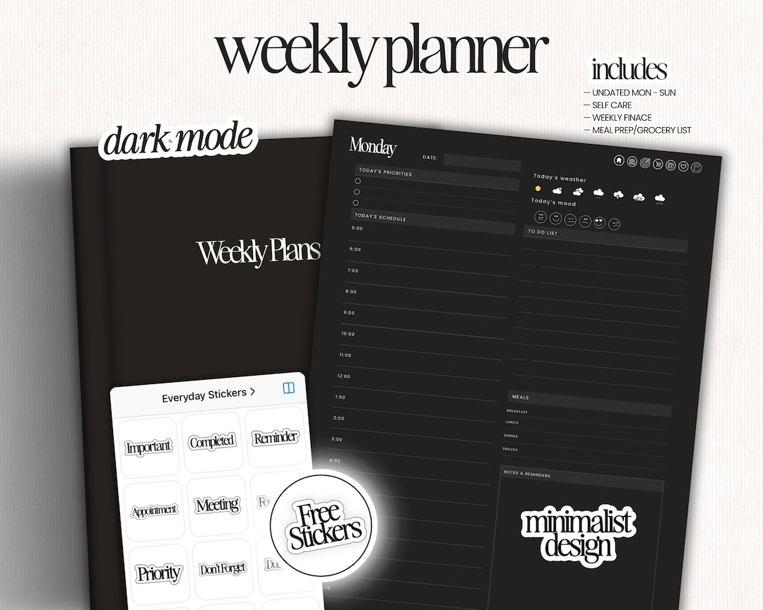 Weekly Digital Planner Dark Mode Undated Dark Mode Planner - Etsy