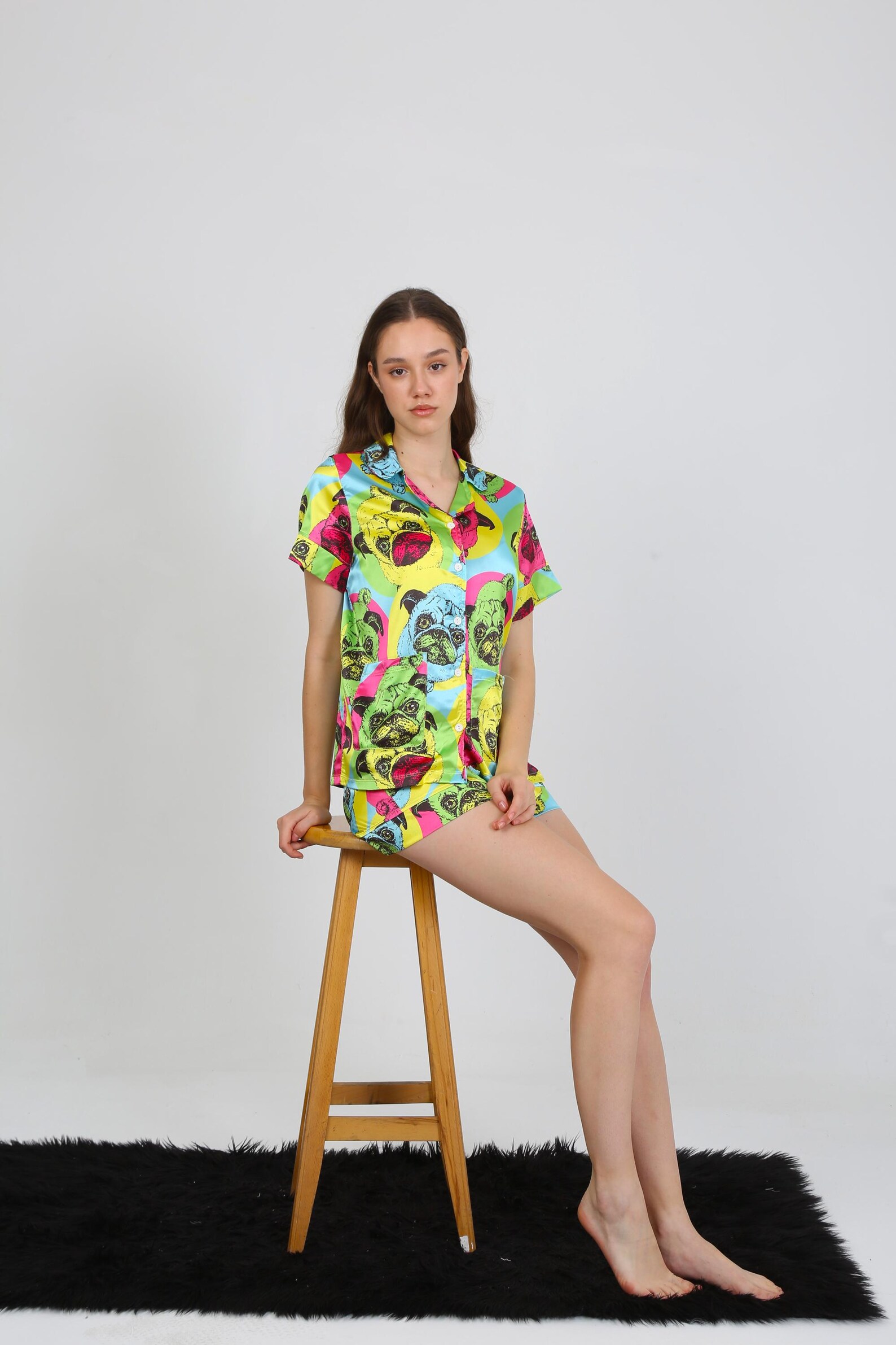 Whimsical Pug Print Pajama Set - Short Sleeve Shirt & Shorts - Colorful Dog Faces on Fabric ...