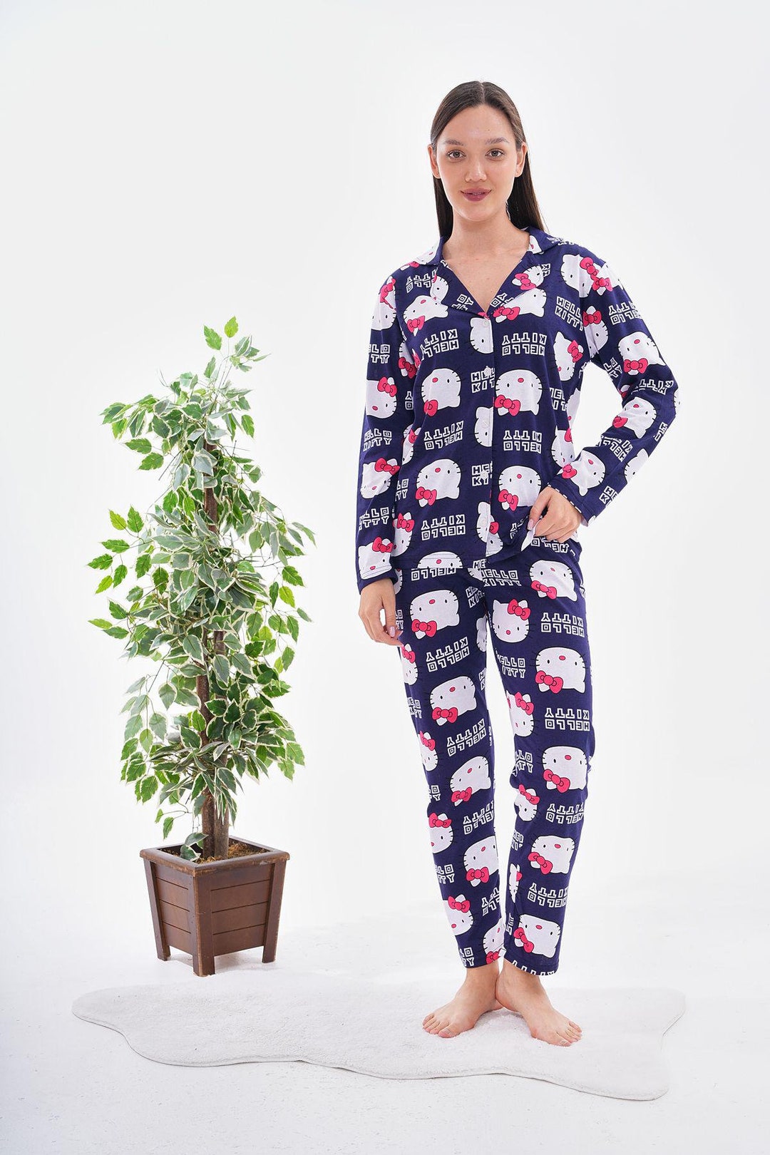 Hello Kitty Women's Pajama Set Cute Button-up Loungewear, Cozy Elastic ...