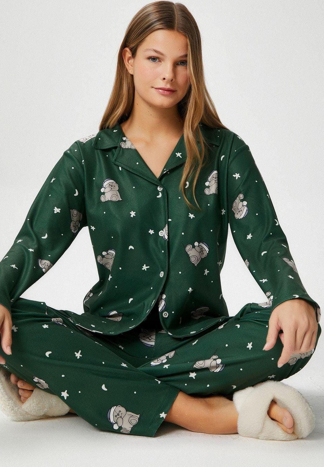 Women's Green Teddy Bear Pajama Set – Cozy Button-up Nightwear, Soft ...