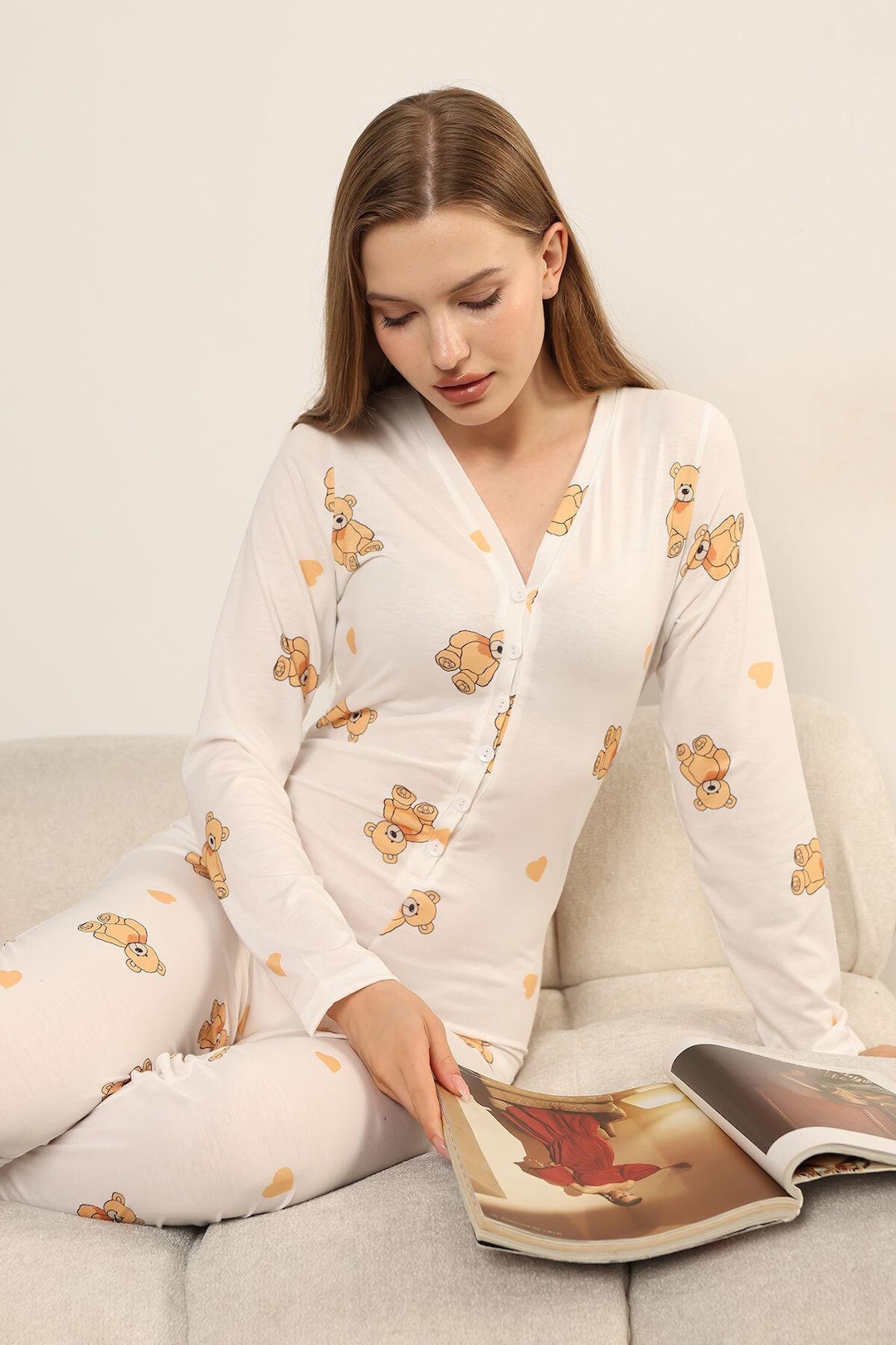 Teddy Bear Print Pajama Set Romper for Women - Button-up One Piece ...