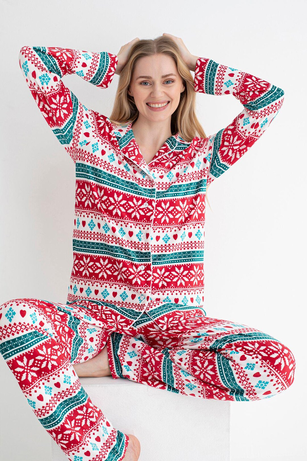 Gift Pajama Set for Women Red Green Nordic Print Lounge Sleepwear Cozy ...