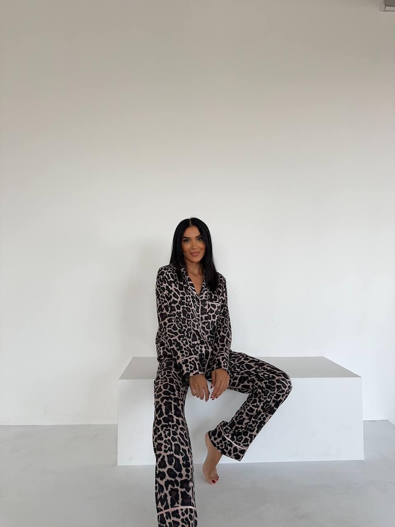 Leopard Print Satin Pajama Set for Women - Luxury Silky Sleepwear ...