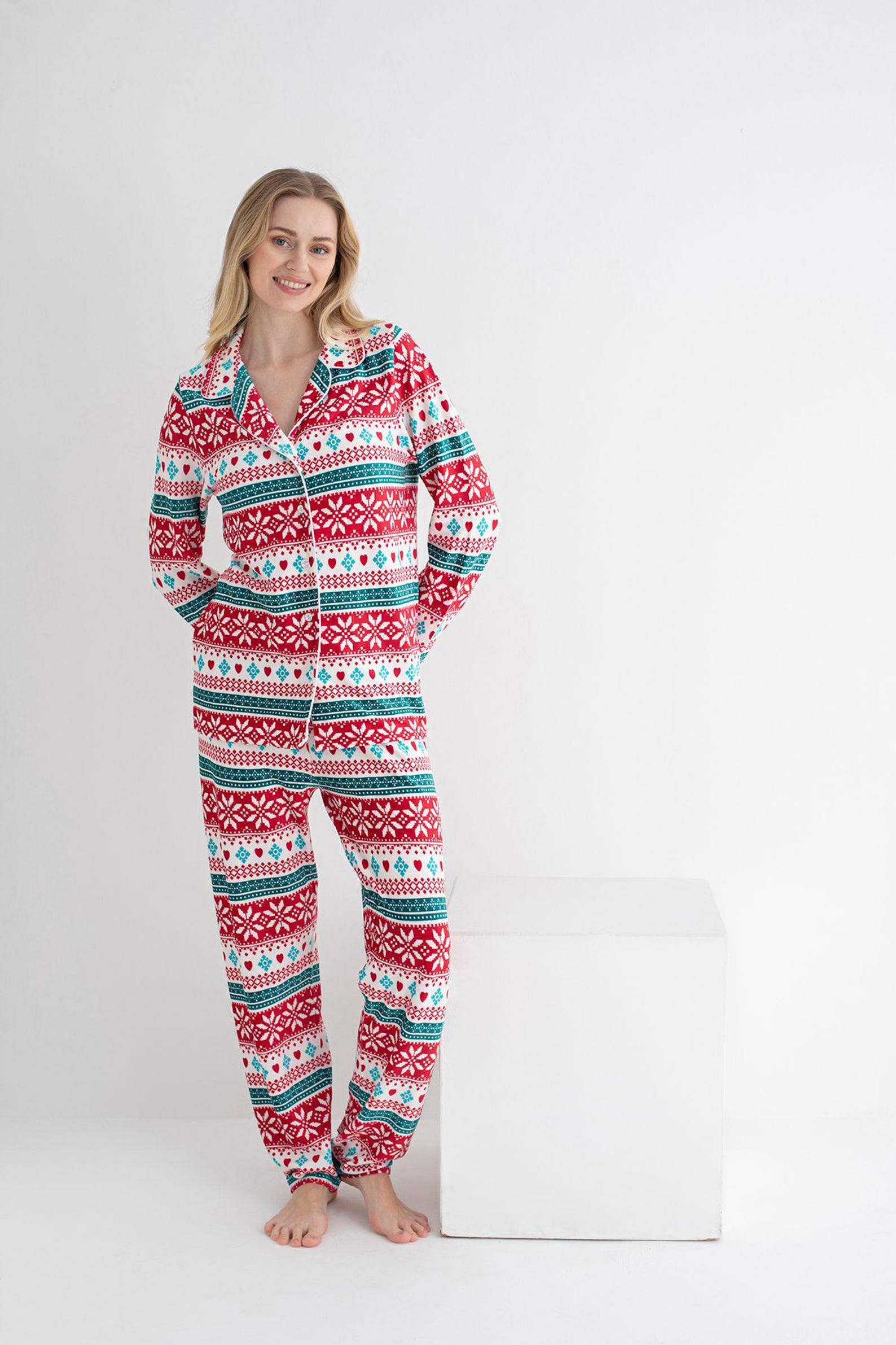 Gift Pajama Set for Women Red Green Nordic Print Lounge Sleepwear Cozy ...