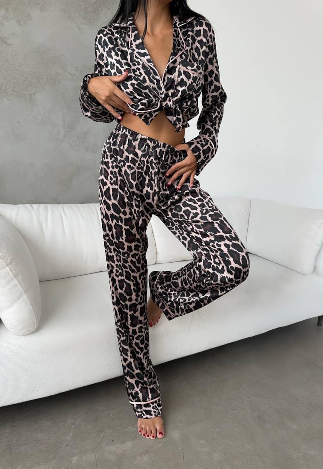 Leopard Print Satin Pajama Set for Women - Luxury Silky Sleepwear ...