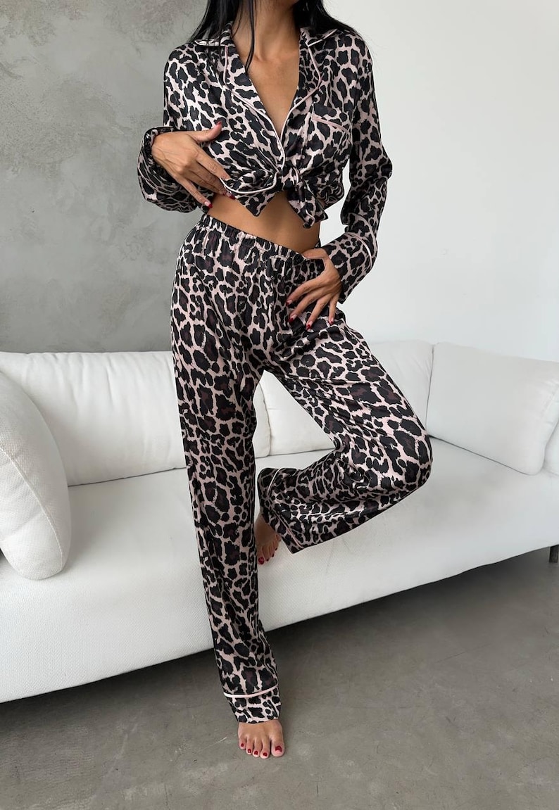 Leopard Print Satin Pajama Set for Women - Luxury Silky Sleepwear ...