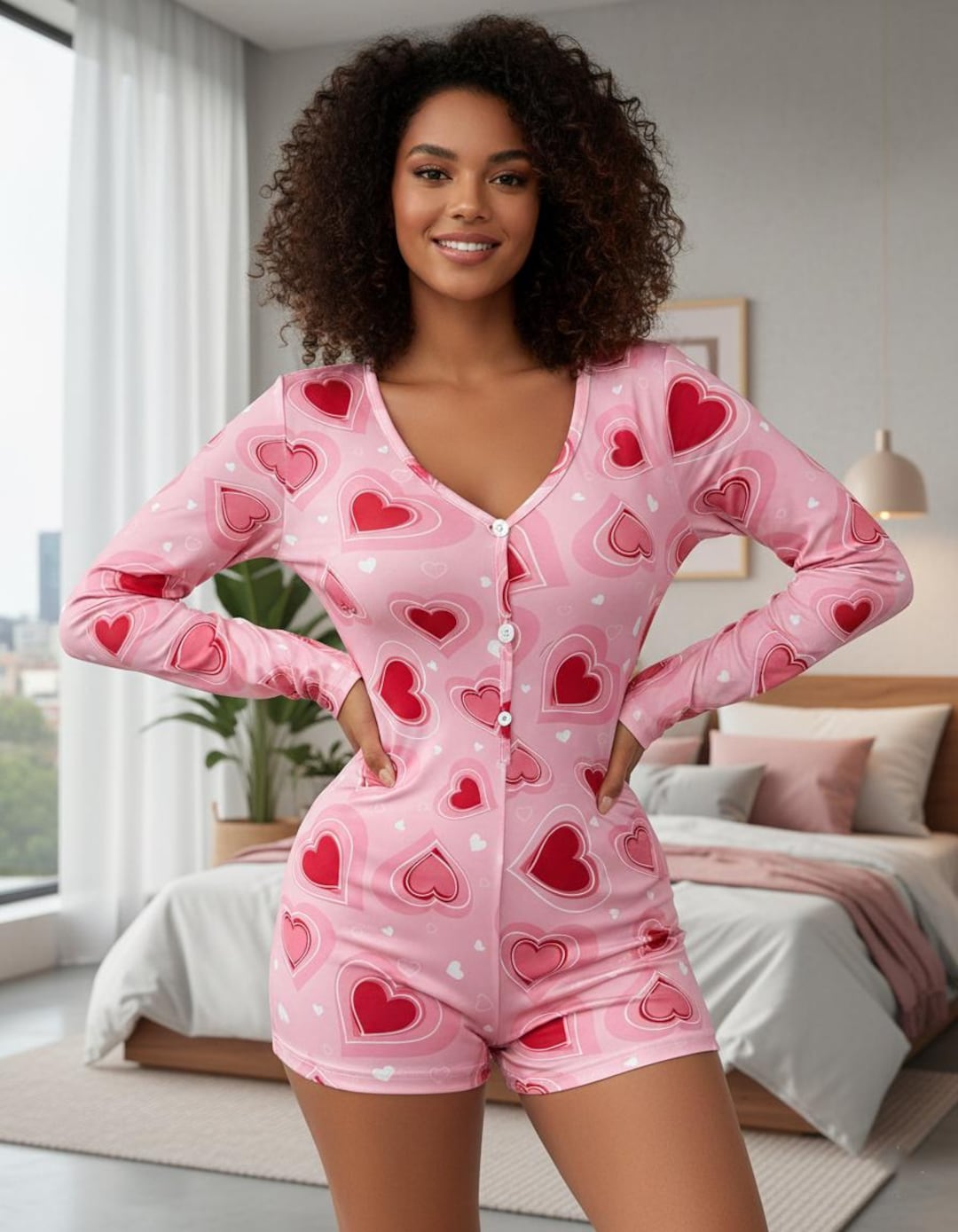 Pink Heart Print Romper Pajamas for Women - Women’s Long Sleeve ...