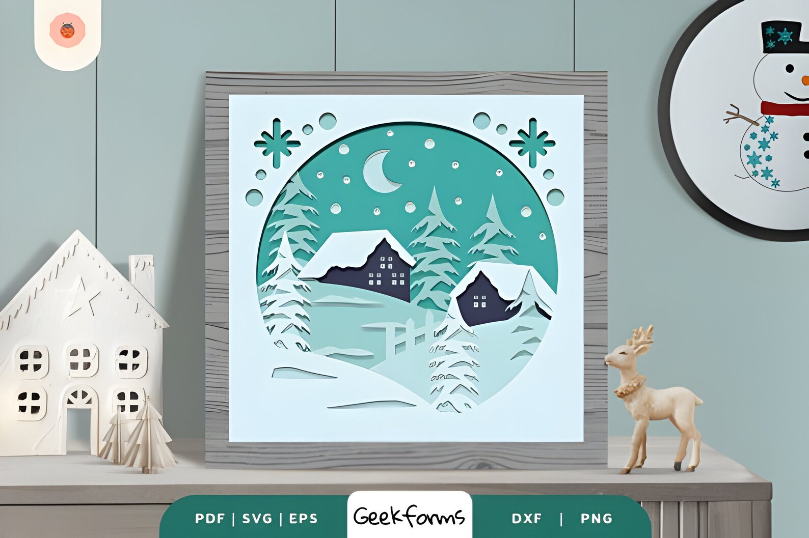 Snowy Village 3D Layered Paper Cut, Shadow Box Light Box Template Files ...