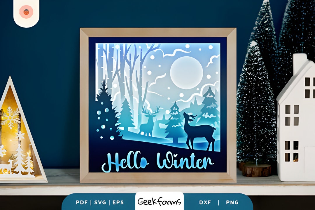 Winter Scene 3D Shadow Box Paper Cut, Light Box Template Files, 3D SVG ...