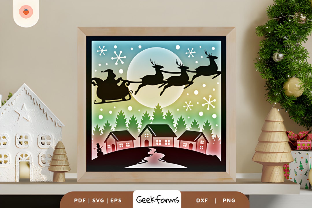Christmas Santa Sleigh 3D Shadow Box, Paper Cut Light Box Template ...