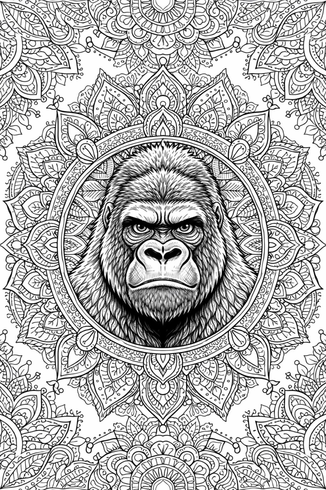 Gorilla Mandala Coloring Page Printable – Intricate Ape Line Art for ...