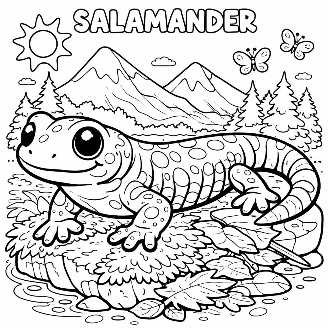 Salamander Coloring Page for Kids & Adults | Cute Amphibian Outline ...