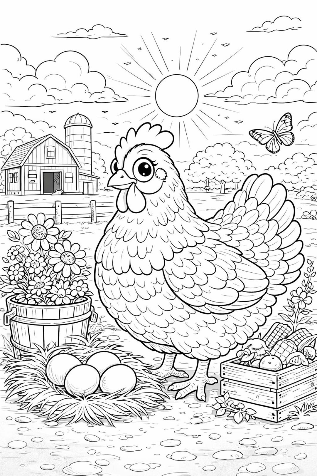 Hen Coloring Page Printable | Farm Bird Outline | Kids Activity Sheet ...