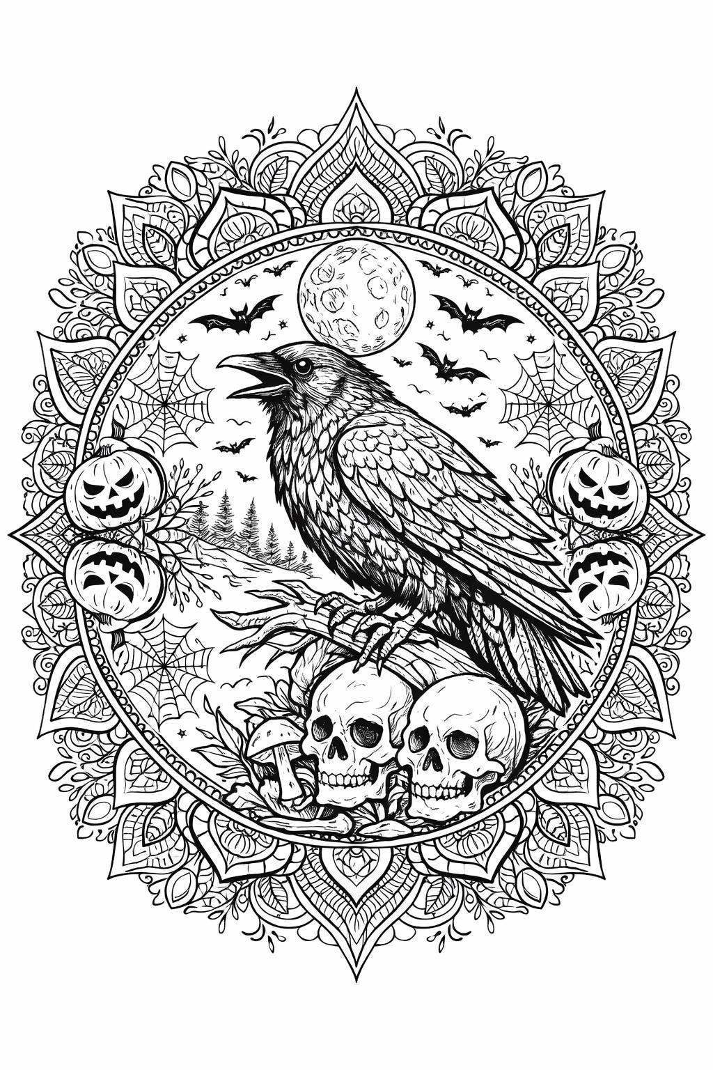 Crow Coloring Page Printable – Detailed Raven/crow Line Art, Gothic ...