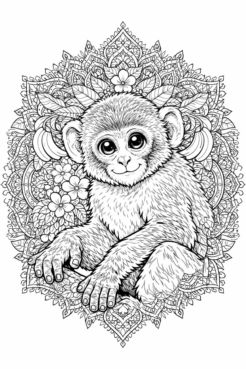 Monkey Mandala Coloring Page Printable – Intricate Primate Line Art for ...