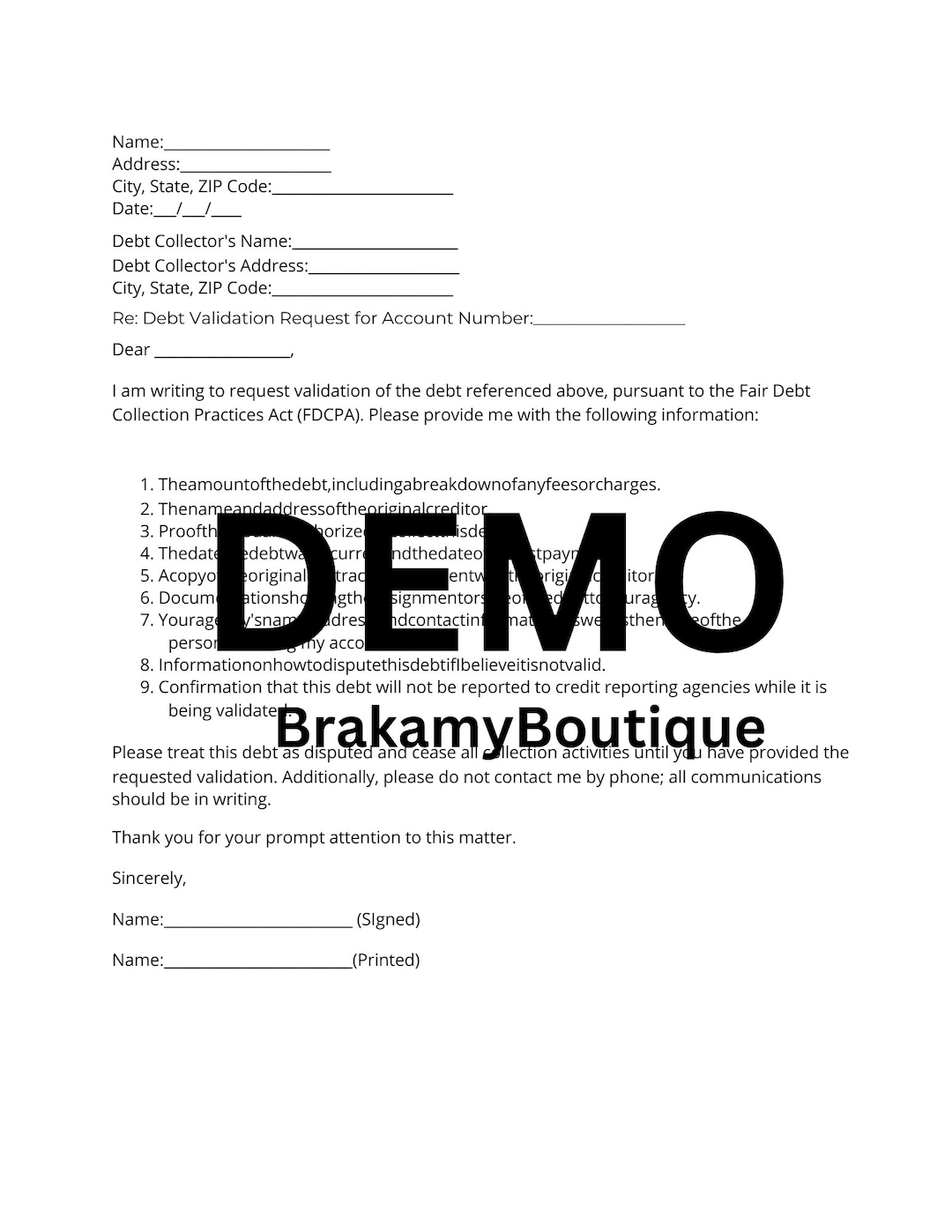 Debt Collection Dispute Letter Template - Etsy