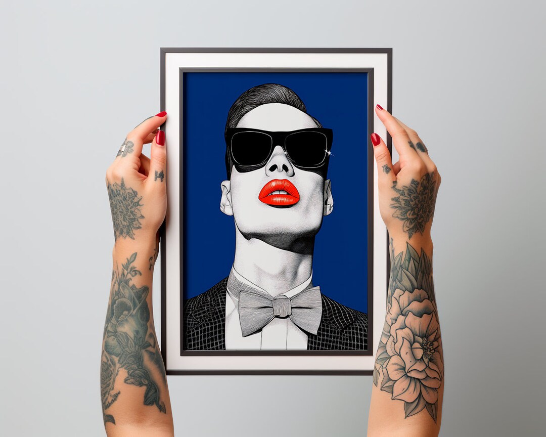 Deep Red and Blue Poster, Digital Wall Art, Funky Illustration, Room ...