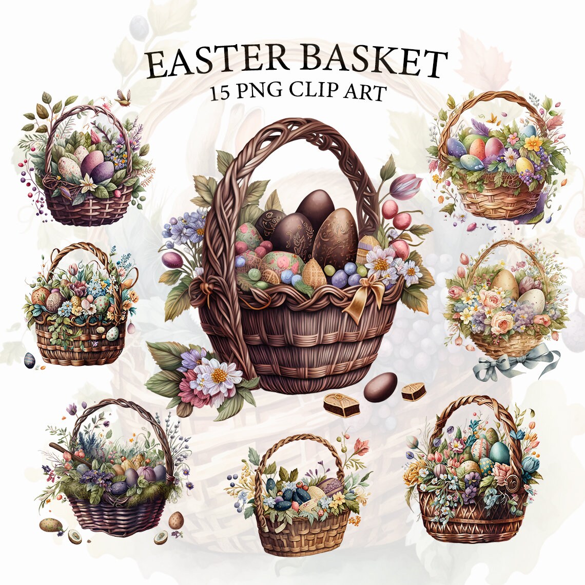 15 Easter Baskets Clipart Digital Art Png Bunny Clipart - Etsy