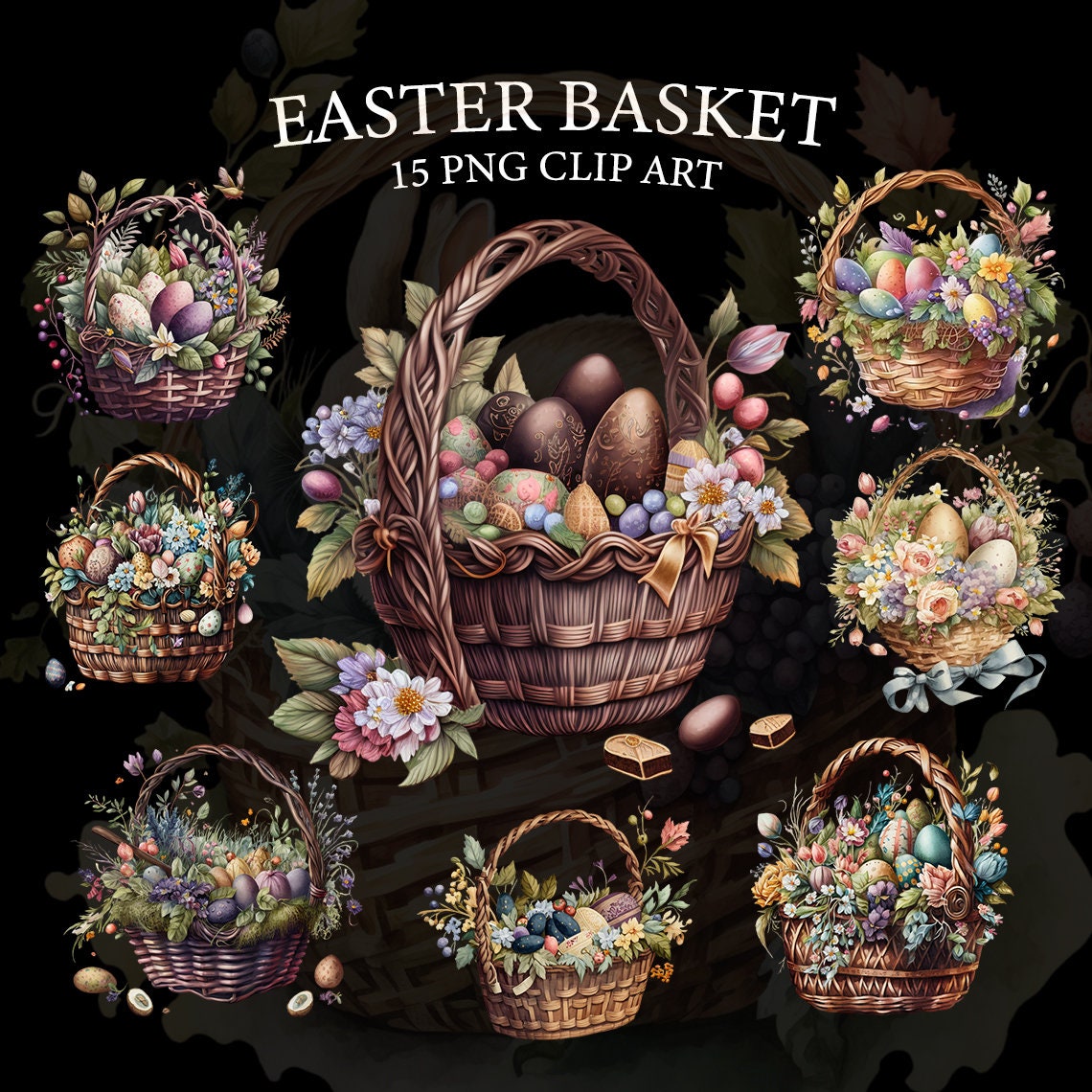 15 Easter Baskets Clipart Digital Art Png Bunny Clipart - Etsy