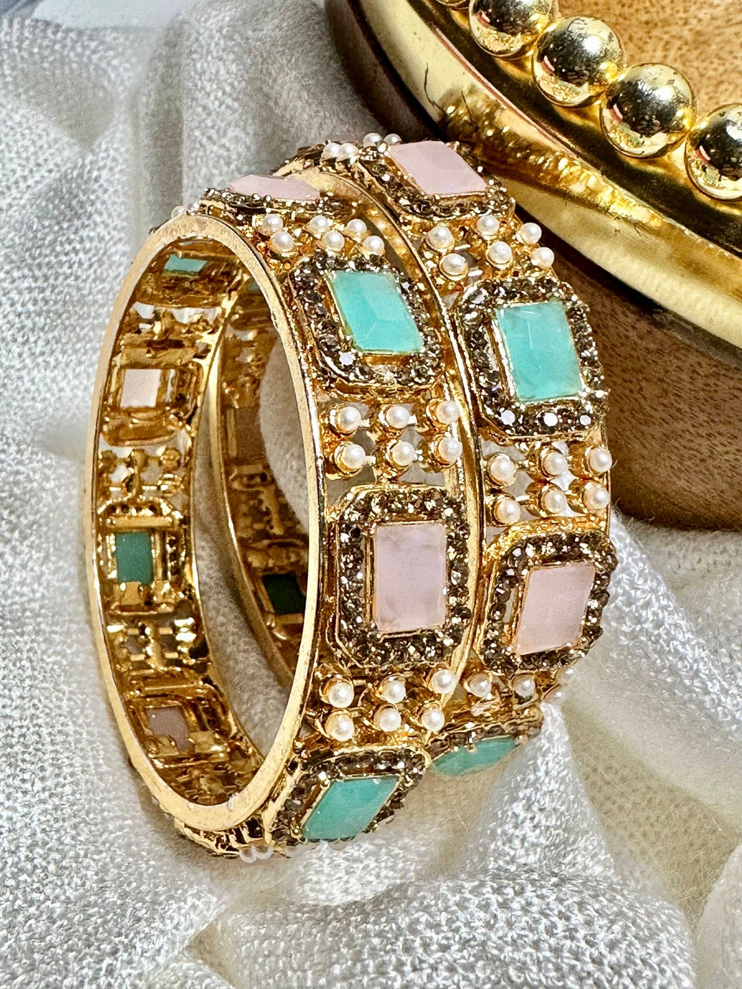Pearl Splendor: Blue & Pink Gold Bangles Set - Exquisite Bridal Jewelry ...