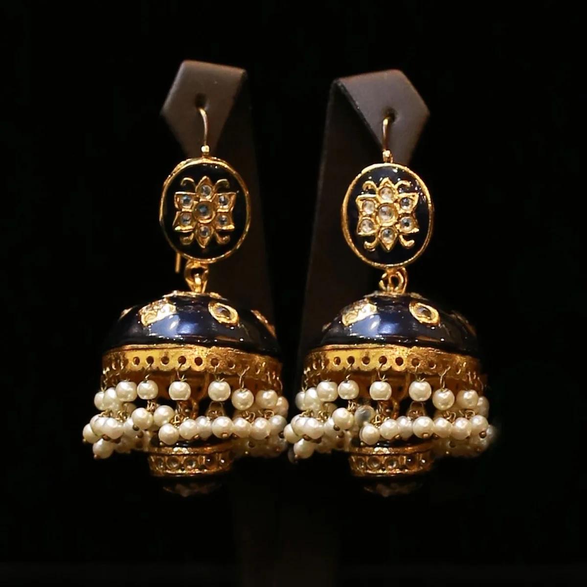 Traditional Gold-plated Jhumka Earrings With Black Enamel and Pearl ...