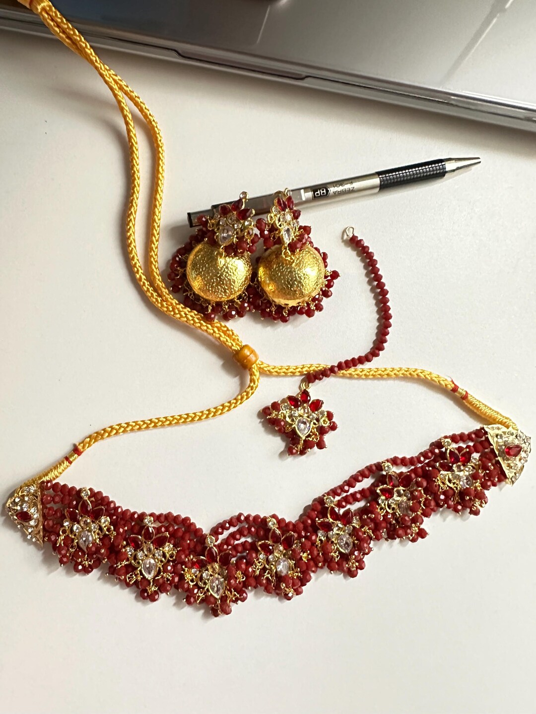 Traditional Red Beaded Jewelry Set – Gold-plated Necklace, Jhumka ...