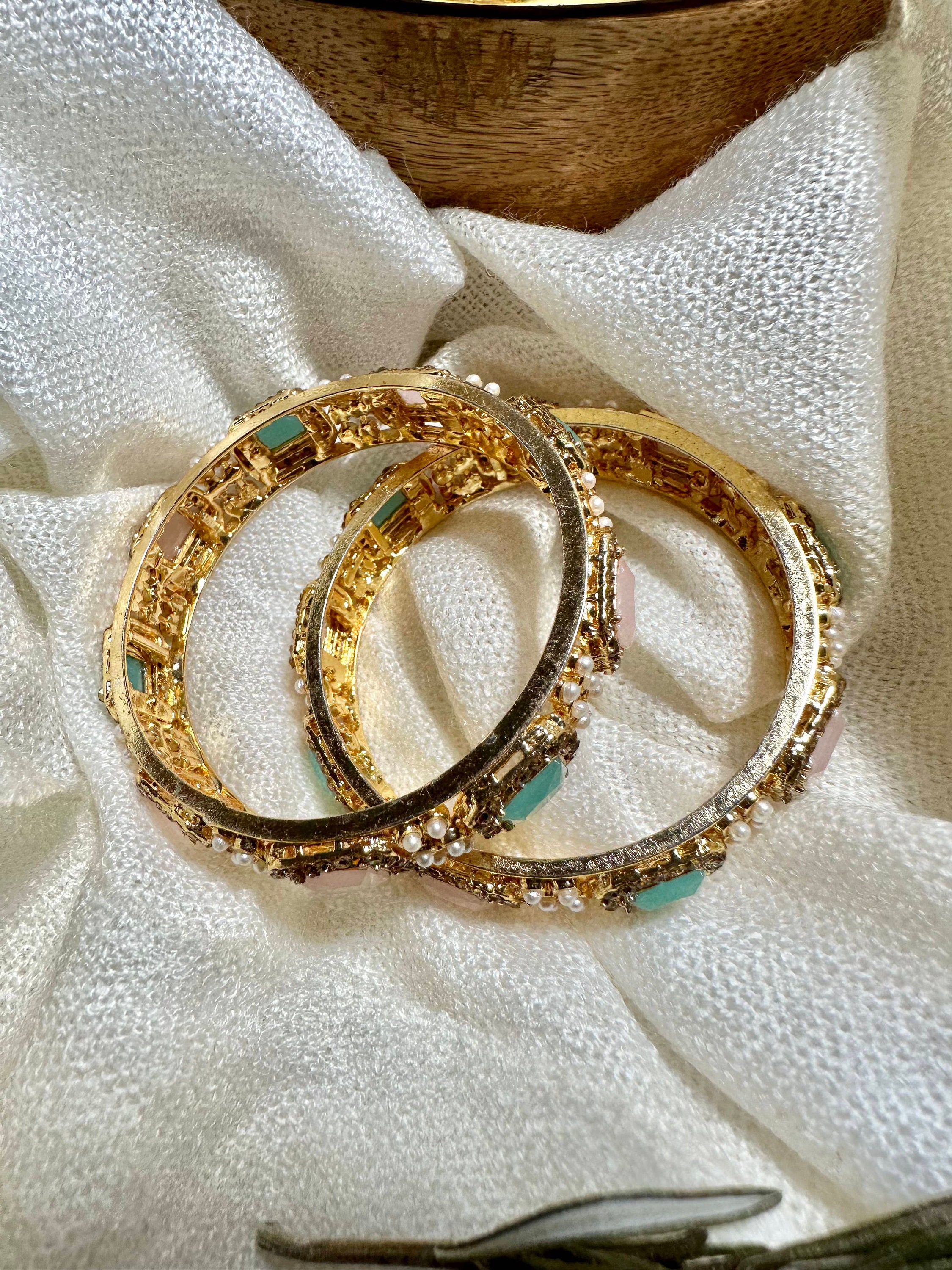 Pearl Splendor: Blue & Pink Gold Bangles Set - Exquisite Bridal Jewelry ...