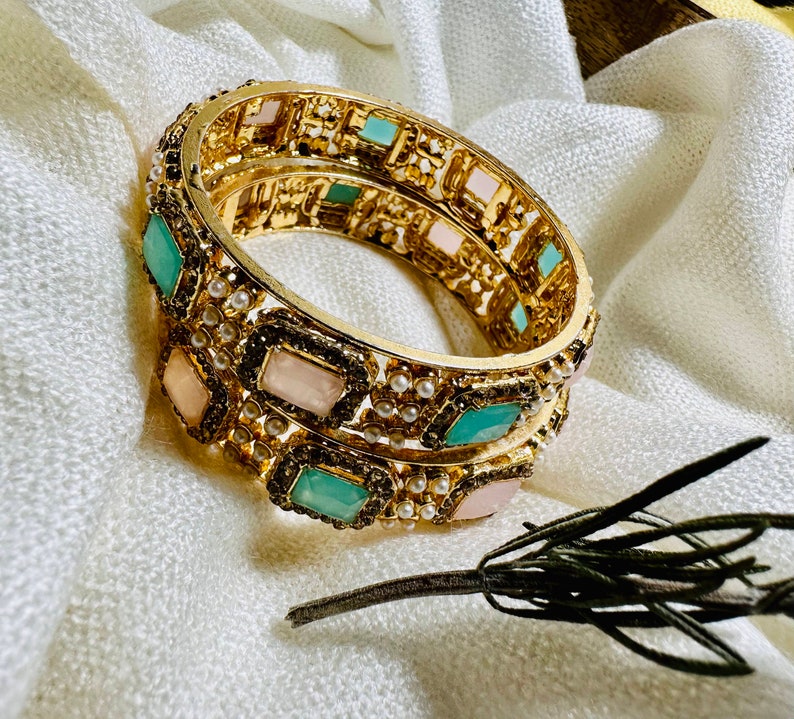 Pearl Splendor: Blue & Pink Gold Bangles Set - Exquisite Bridal Jewelry ...