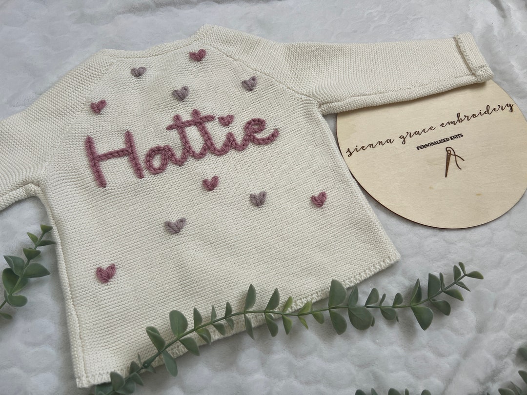 Hand Embroidered Knitted Cardigan | Personalised Name Cardy | New Baby ...