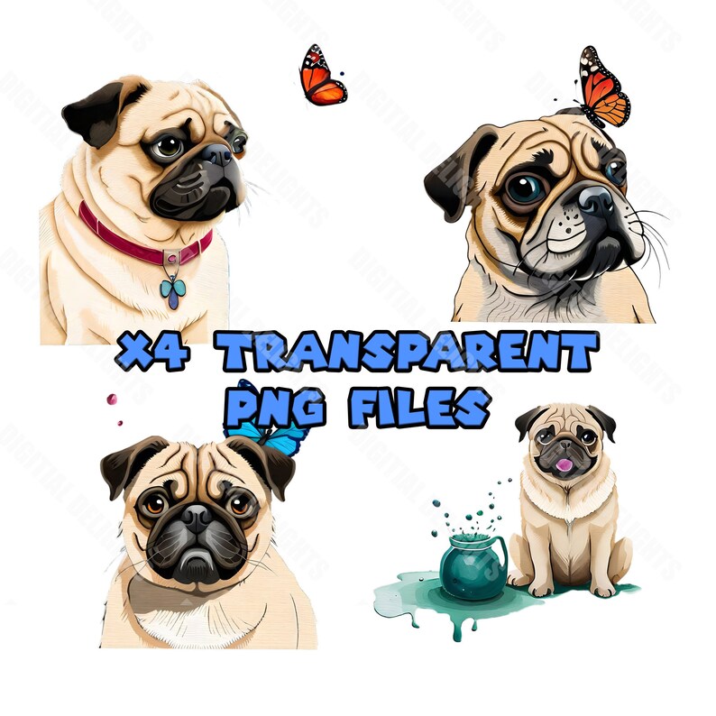 X4 Cute Pugs PNG Images Dogs Clipart Designs Free - Etsy