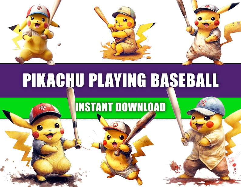 10 Pikachu Playing Baseball PNG Transparent Clipart Design,printable ...