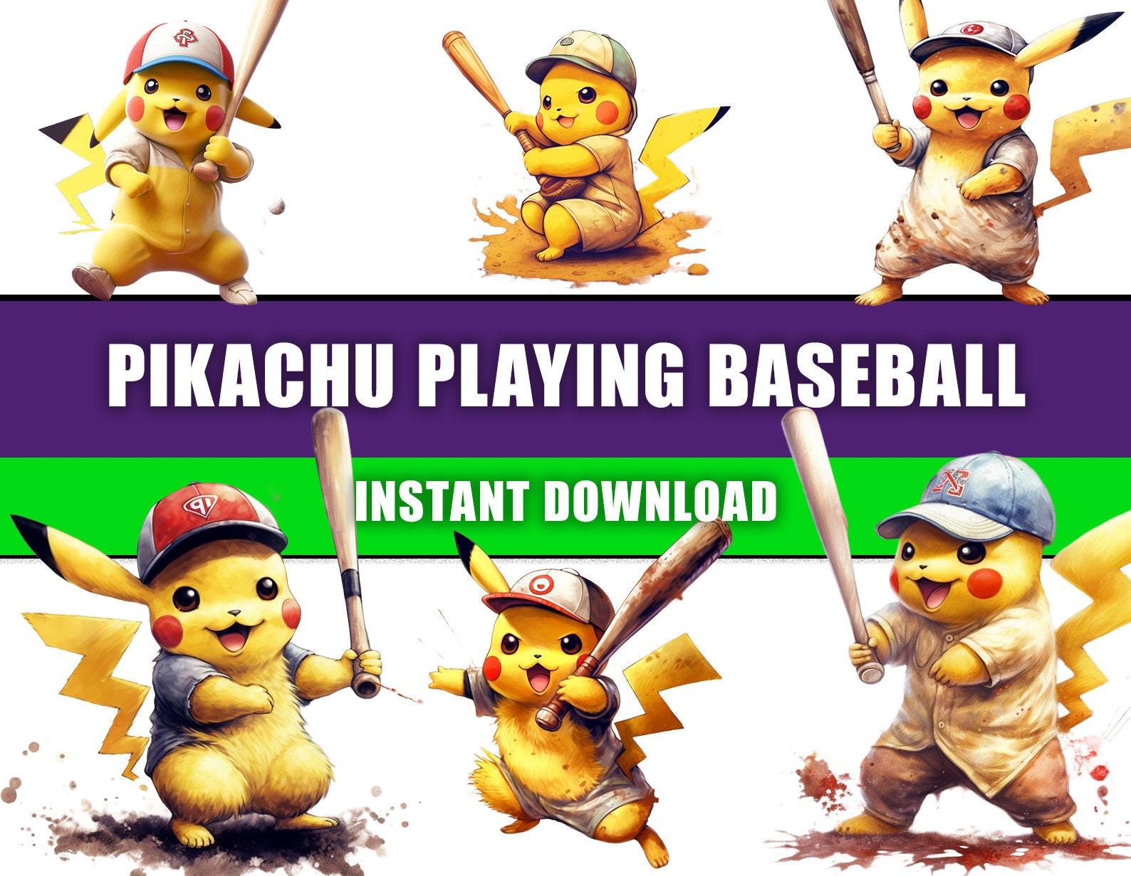 10 Pikachu Playing Baseball PNG Transparent Clipart Design,printable Sublimation,digital Instant ...