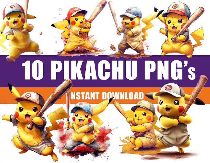 10 Pikachu Playing Baseball PNG Transparent Clipart Design,printable ...