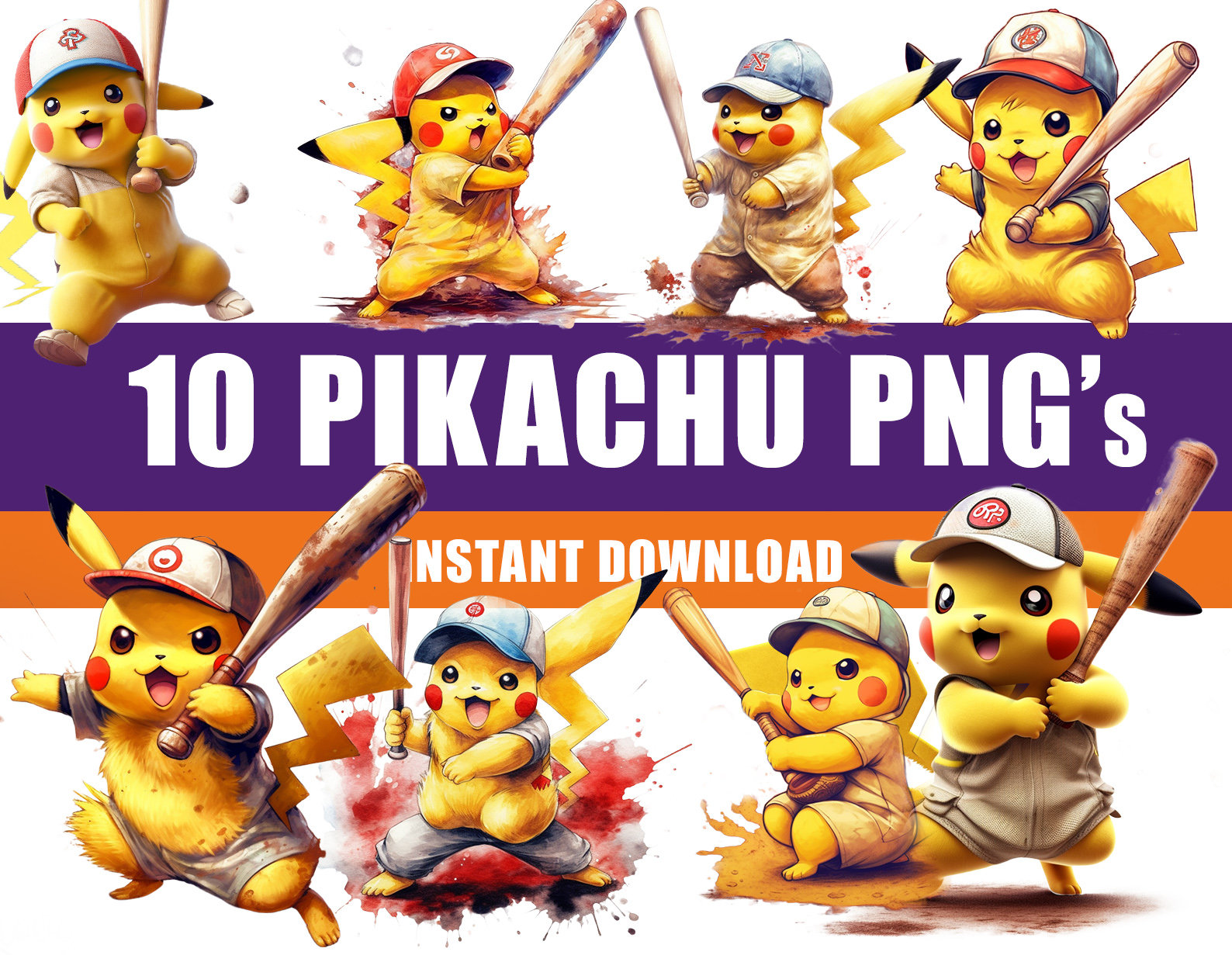 10 Pikachu Playing Baseball PNG Transparent Clipart Design,printable ...
