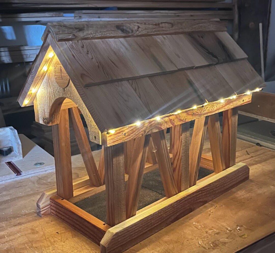 Rustic Cedar Covered Bridge Bird Feeder: Solar LED Nighttime Glow - Etsy