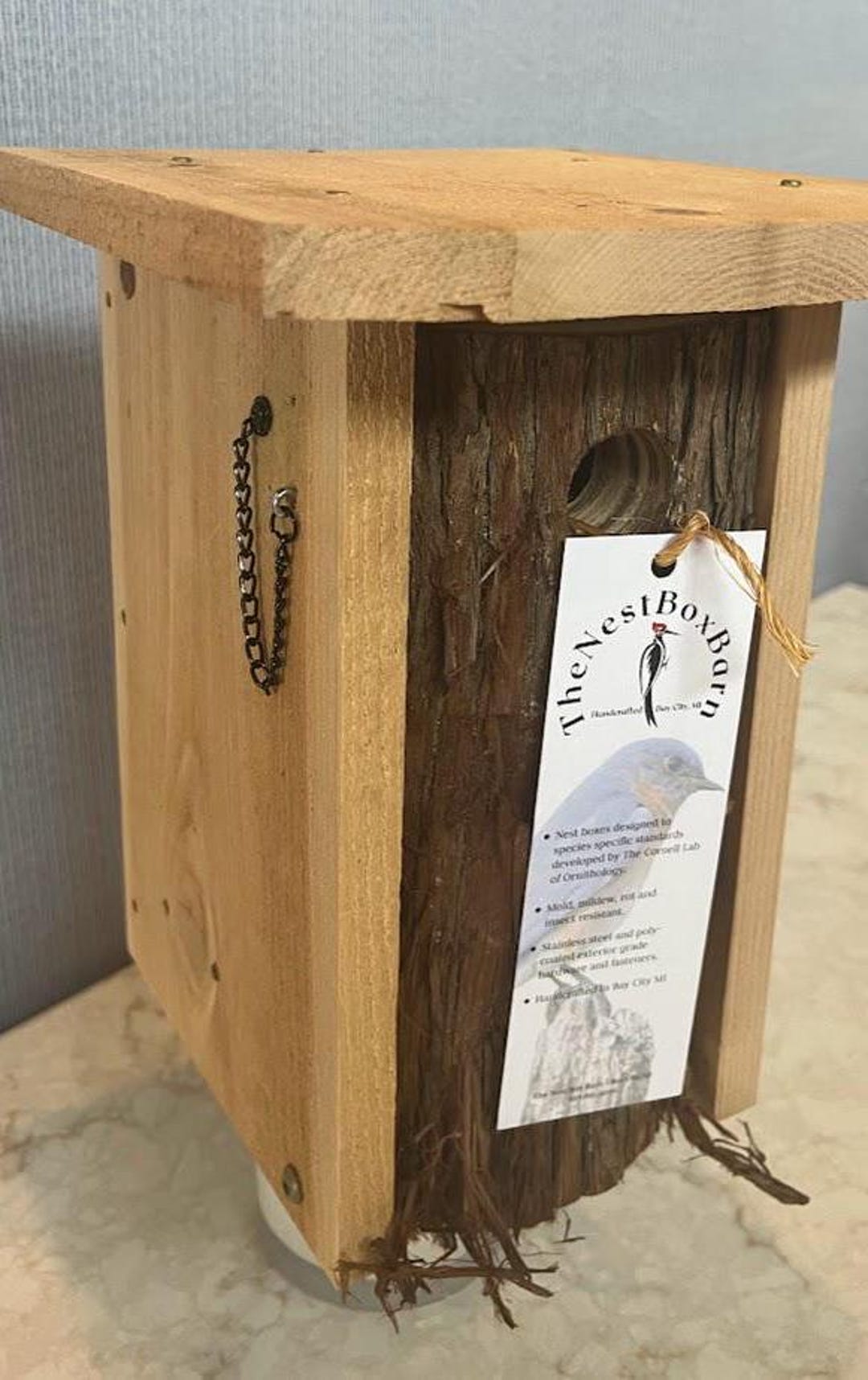 Handcrafted Cedar Chickadee Nest Box Natural Bark Front Birdhouse ...