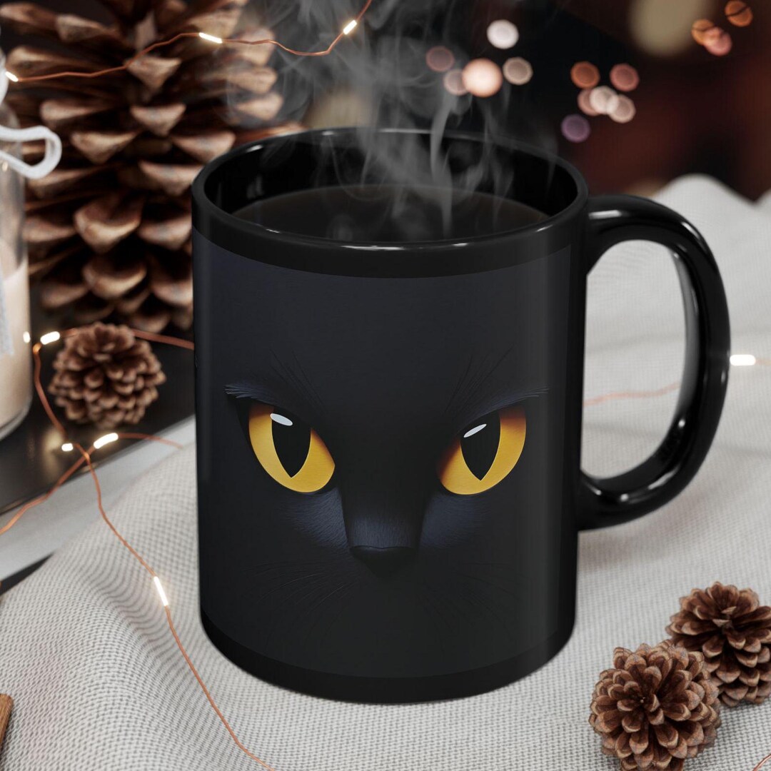 Black Cat Halloween Coffee Cup, Black Cat Mug, Cat Eyes Coffee Mug ...